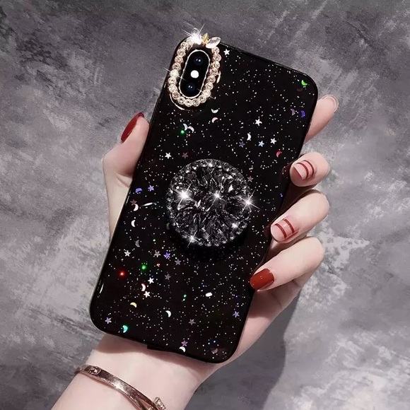 Accessories | Black Bling Phone Case With Rhinestone Pop Socket | Poshmark